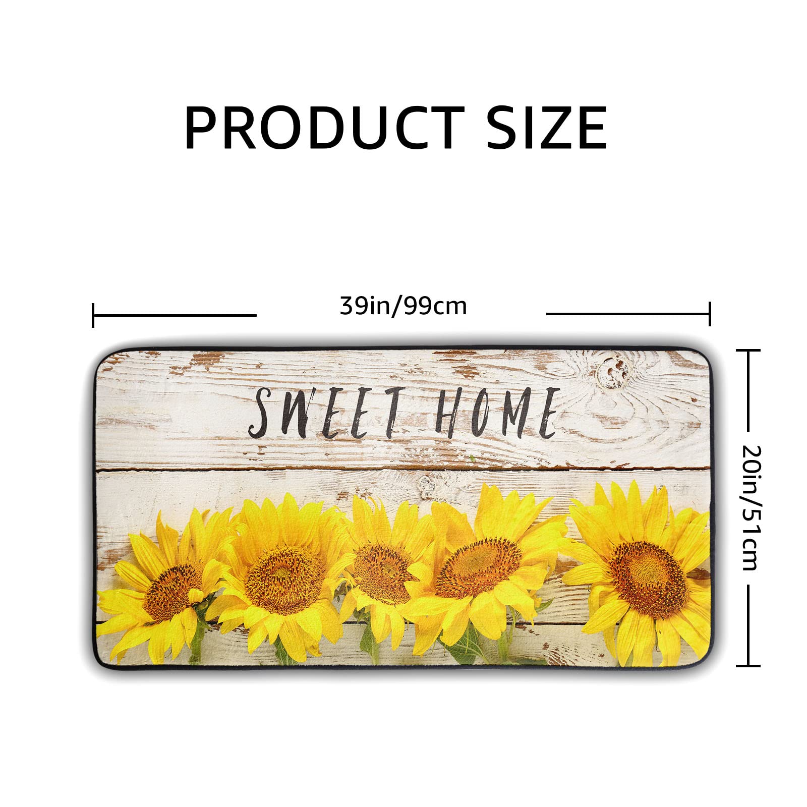 Kawani Sunflower Kitchen Rugs Floor Mat Anti Fatigue Washable Wooden Door Mats for Home & Kitchen & Office Decor Memory Foam Runner Rug Non-Skid 39x20inch Yellow Sweet Home