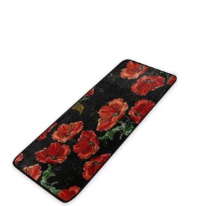 Red Poppies Flowers Black Kitchen Floor Mat 39 x 20 Inch Anti Fatigue Comfort Standing Mat Soft Kitchen Runner Rug for Hallway Entryway Door Outside Decor