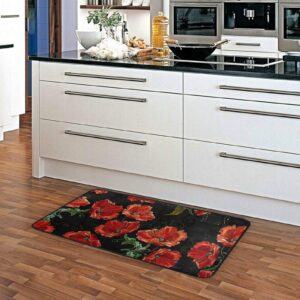 Red Poppies Flowers Black Kitchen Floor Mat 39 x 20 Inch Anti Fatigue Comfort Standing Mat Soft Kitchen Runner Rug for Hallway Entryway Door Outside Decor