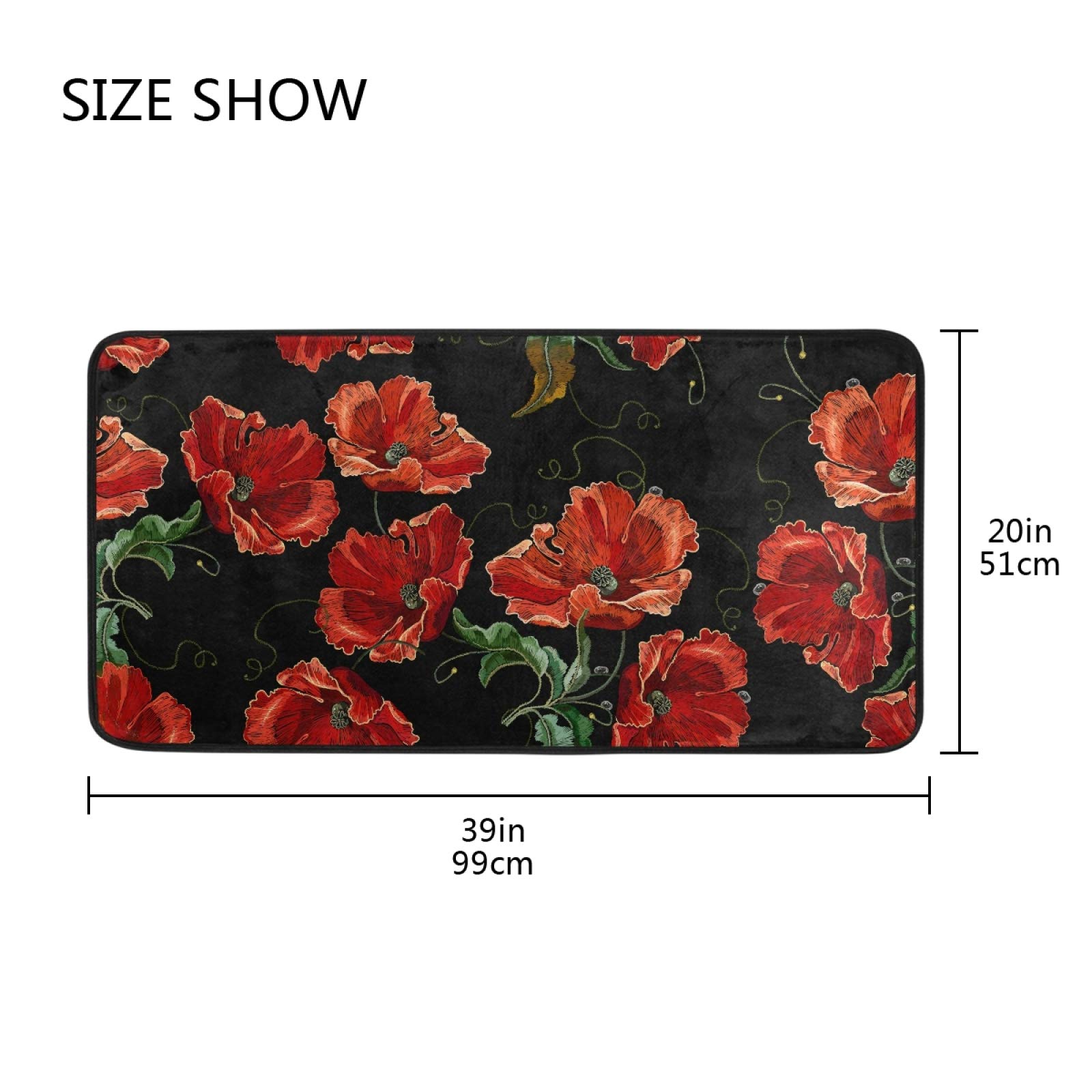 Red Poppies Flowers Black Kitchen Floor Mat 39 x 20 Inch Anti Fatigue Comfort Standing Mat Soft Kitchen Runner Rug for Hallway Entryway Door Outside Decor