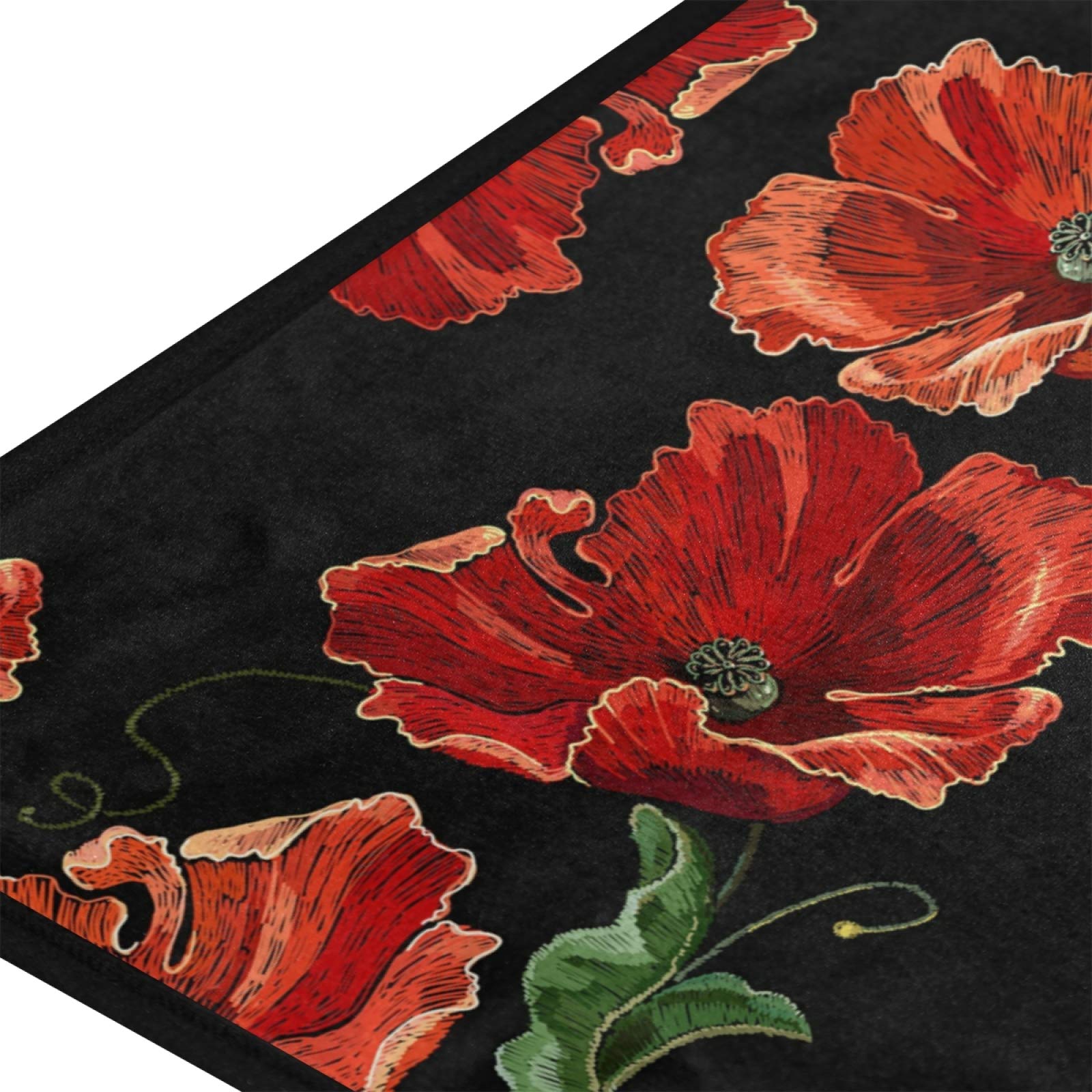 Red Poppies Flowers Black Kitchen Floor Mat 39 x 20 Inch Anti Fatigue Comfort Standing Mat Soft Kitchen Runner Rug for Hallway Entryway Door Outside Decor