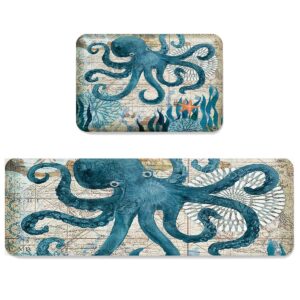 livencher kitchen floor rug set 2 piece non-slip bath mat doormat area rug floor mat for indoor home hotel office use, sea theme blue octopus coastal navigation map 15.7x23.6in+15.7x47.2in