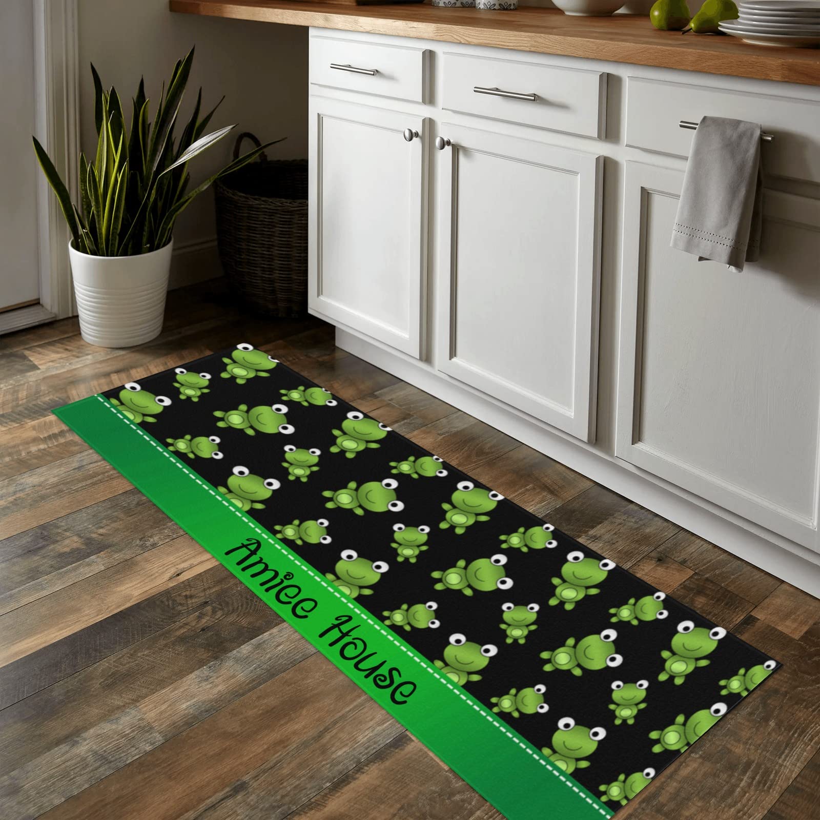 Green Frog on Black Personalized Kitchen Mat Rug,Custom Floor Door Mat Anti-Slip Rugs for Kitchen,Bathroom,Laundry,48x17Inch