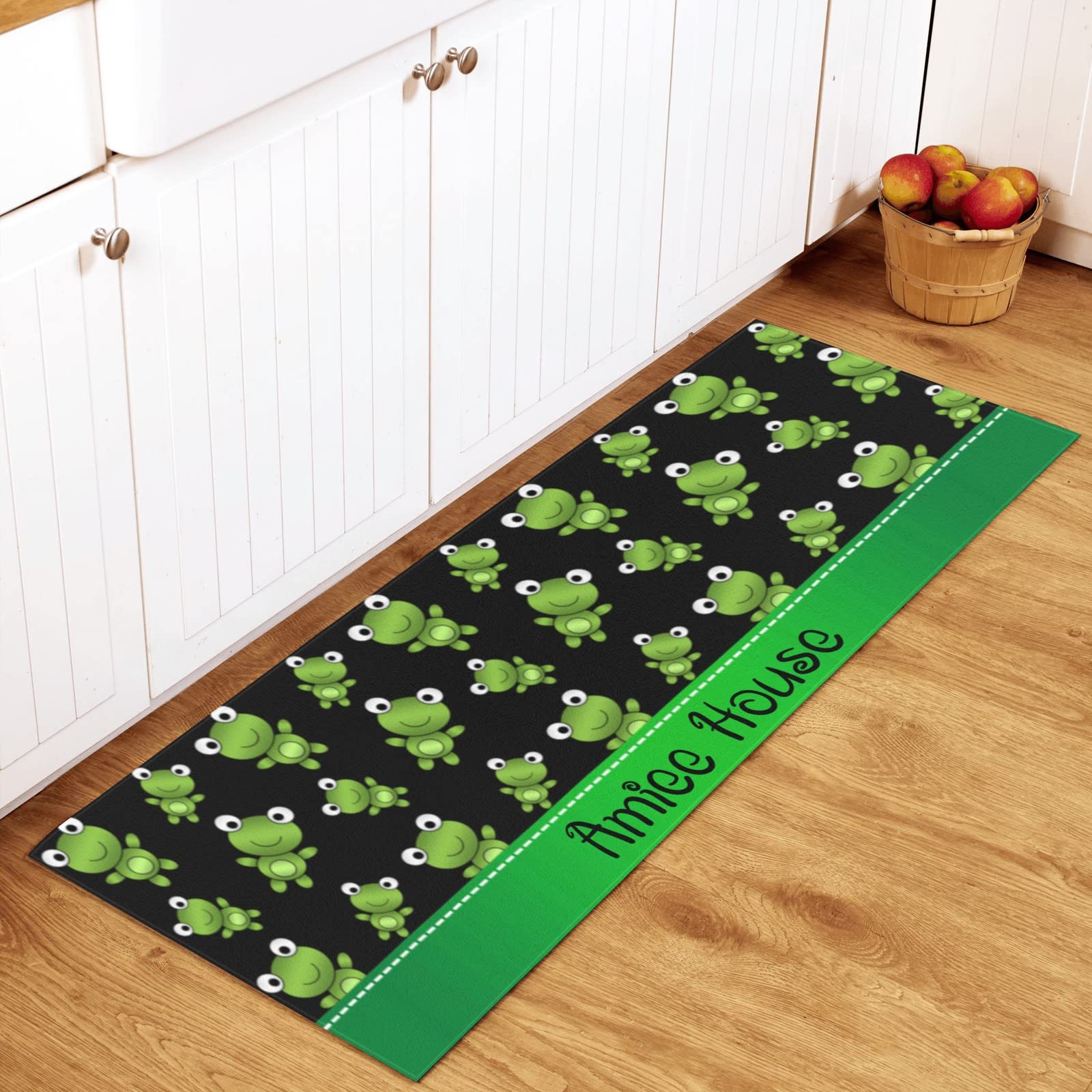 Green Frog on Black Personalized Kitchen Mat Rug,Custom Floor Door Mat Anti-Slip Rugs for Kitchen,Bathroom,Laundry,48x17Inch