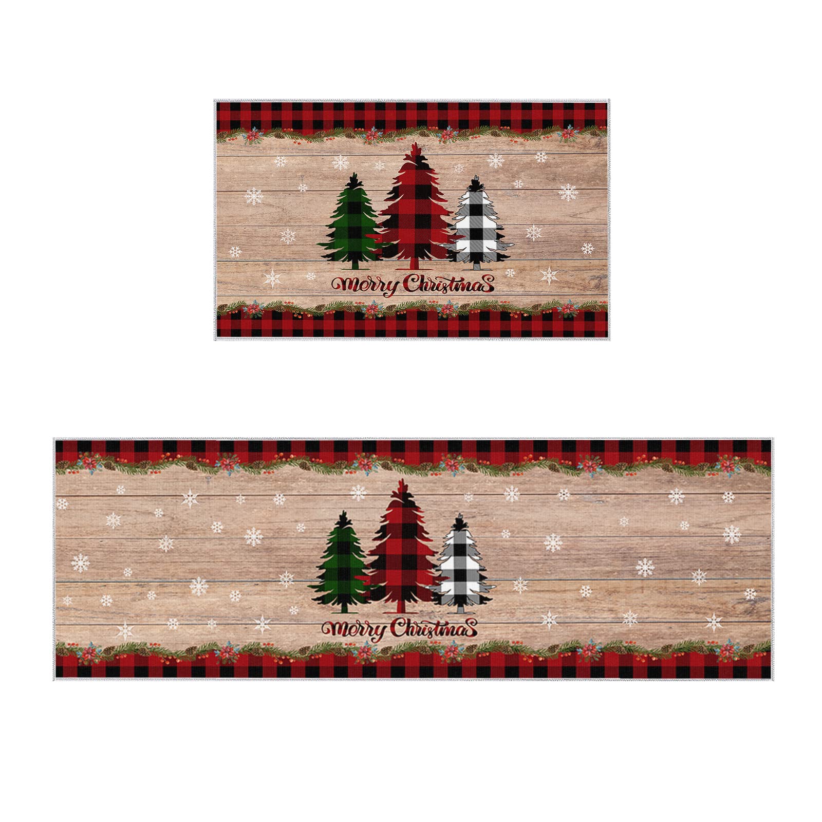 Merry Chirstmas Kitchen Rugs Sets 2 Piece Floor Mats Buffalo Plaid Farm Xmas Tree Snowflake Pine Tree Doormat Non-Slip Backing Area Rugs Carpet Inside Door Mat Pad Sets-23.6" x 35.4"+23.6" x 70.9"