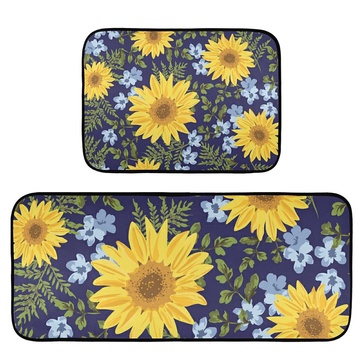 Sunflowers Navy Background Kitchen Rugs and Mats Set 2 Piece Non Slip Washable Runner Rug Set of 2 for Floor Home Decor Sink Kitchen Laundry