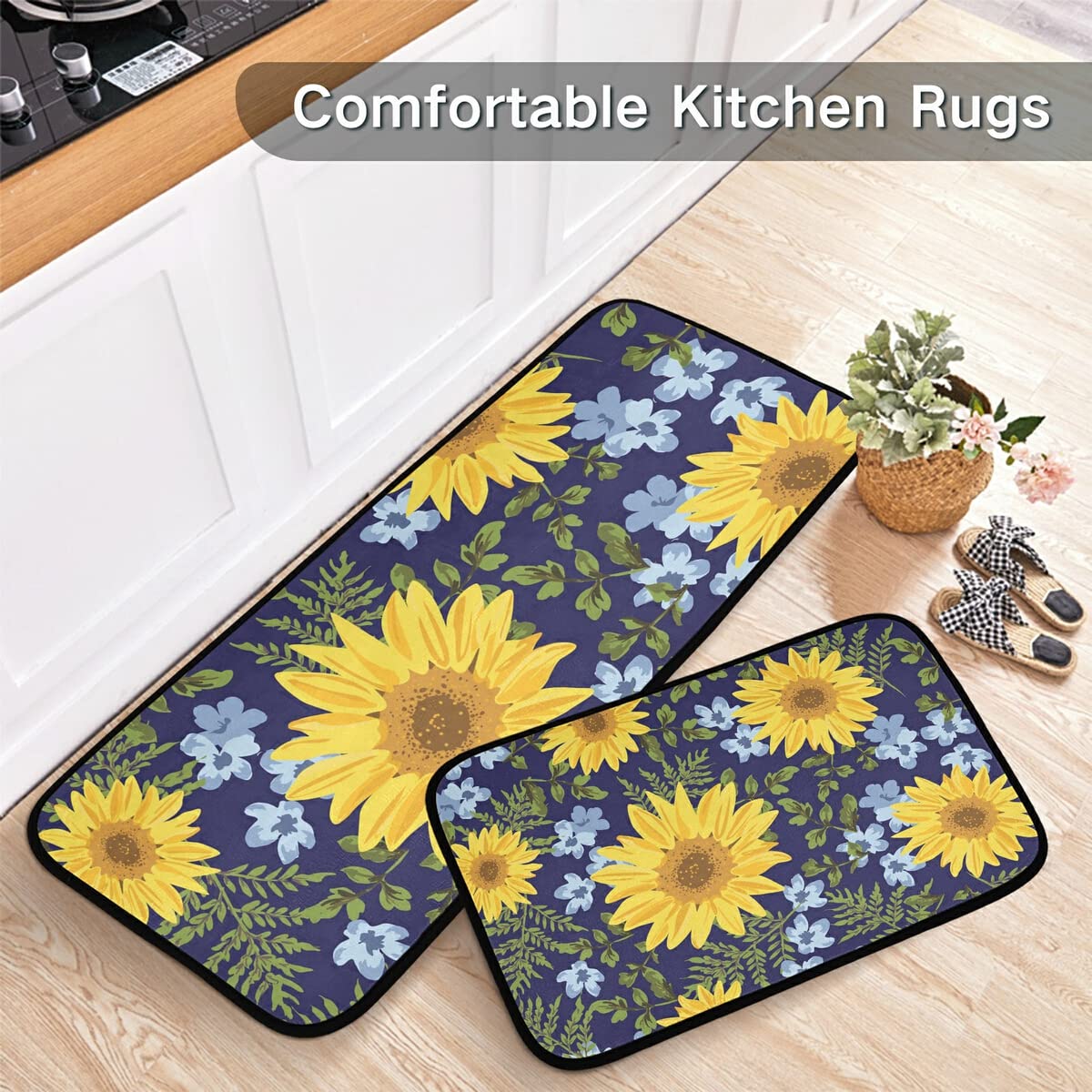 Sunflowers Navy Background Kitchen Rugs and Mats Set 2 Piece Non Slip Washable Runner Rug Set of 2 for Floor Home Decor Sink Kitchen Laundry