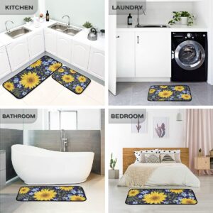 Sunflowers Navy Background Kitchen Rugs and Mats Set 2 Piece Non Slip Washable Runner Rug Set of 2 for Floor Home Decor Sink Kitchen Laundry