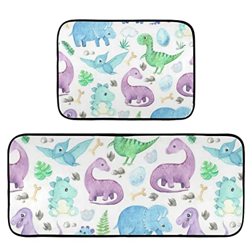 Emelivor Little Dinosaurs Kitchen Rugs and Mats Set 2 Piece Non Slip Washable Runner Rug Set of 2 for Kitchen Floor Home Decorative Laundry