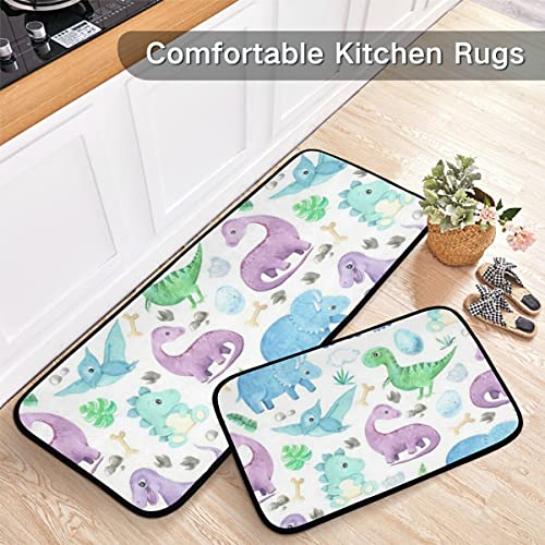 Emelivor Little Dinosaurs Kitchen Rugs and Mats Set 2 Piece Non Slip Washable Runner Rug Set of 2 for Kitchen Floor Home Decorative Laundry