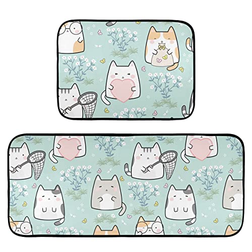 Kawaii Cute Cat Kitchen Rugs and Mats Set 2 Piece Non Slip Washable Runner Rug Set of 2 for Floor Home Decor Sink Kitchen Laundry