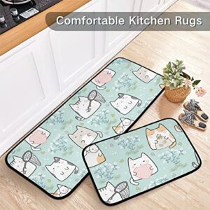 Kawaii Cute Cat Kitchen Rugs and Mats Set 2 Piece Non Slip Washable Runner Rug Set of 2 for Floor Home Decor Sink Kitchen Laundry