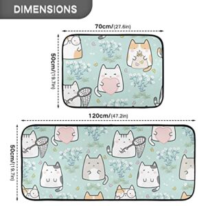 Kawaii Cute Cat Kitchen Rugs and Mats Set 2 Piece Non Slip Washable Runner Rug Set of 2 for Floor Home Decor Sink Kitchen Laundry