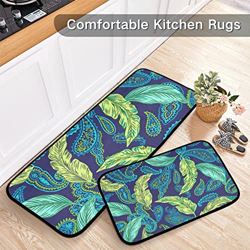 Blue Paisley Leaves Kitchen Rugs and Mats Set 2 Piece Non Slip Washable Runner Rug Set of 2 for Floor Home Decor Sink Kitchen Laundry