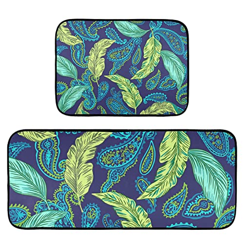 Blue Paisley Leaves Kitchen Rugs and Mats Set 2 Piece Non Slip Washable Runner Rug Set of 2 for Floor Home Decor Sink Kitchen Laundry