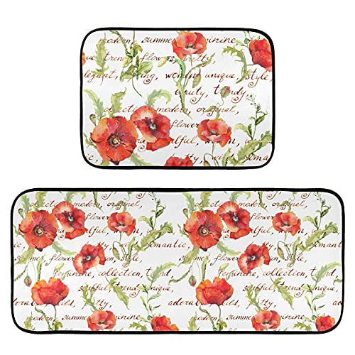 Emelivor Poppy Flowers Summer Kitchen Rugs and Mats Set 2 Piece Non Slip Washable Runner Rug Set of 2 for Kitchen Floor Home Sink Ladunry Office