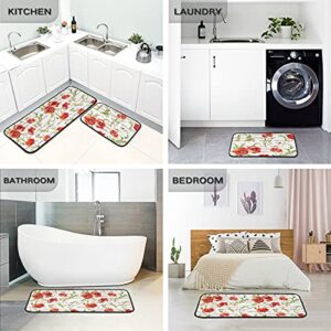 Emelivor Poppy Flowers Summer Kitchen Rugs and Mats Set 2 Piece Non Slip Washable Runner Rug Set of 2 for Kitchen Floor Home Sink Ladunry Office