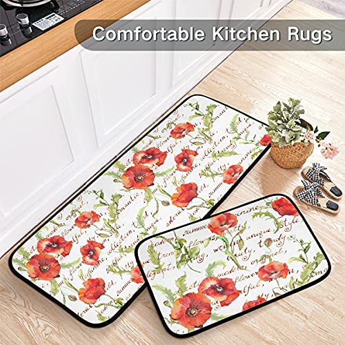 Emelivor Poppy Flowers Summer Kitchen Rugs and Mats Set 2 Piece Non Slip Washable Runner Rug Set of 2 for Kitchen Floor Home Sink Ladunry Office