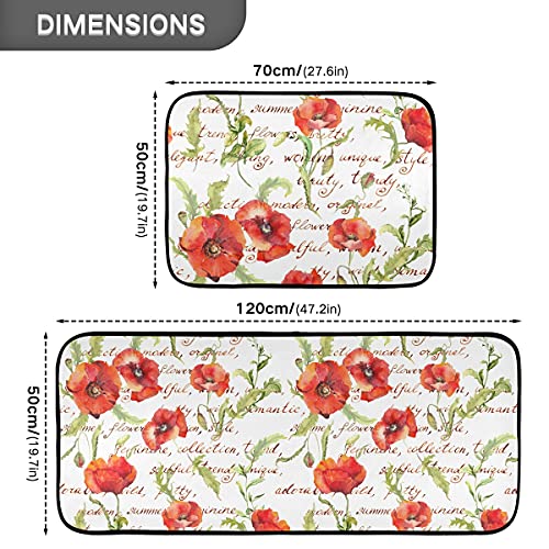 Emelivor Poppy Flowers Summer Kitchen Rugs and Mats Set 2 Piece Non Slip Washable Runner Rug Set of 2 for Kitchen Floor Home Sink Ladunry Office