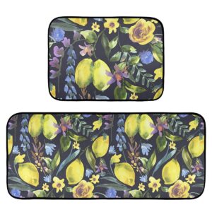 floral citrus fruit lemon kitchen rugs and mats set 2 piece non slip washable runner rug set of 2 for floor home decor sink kitchen laundry