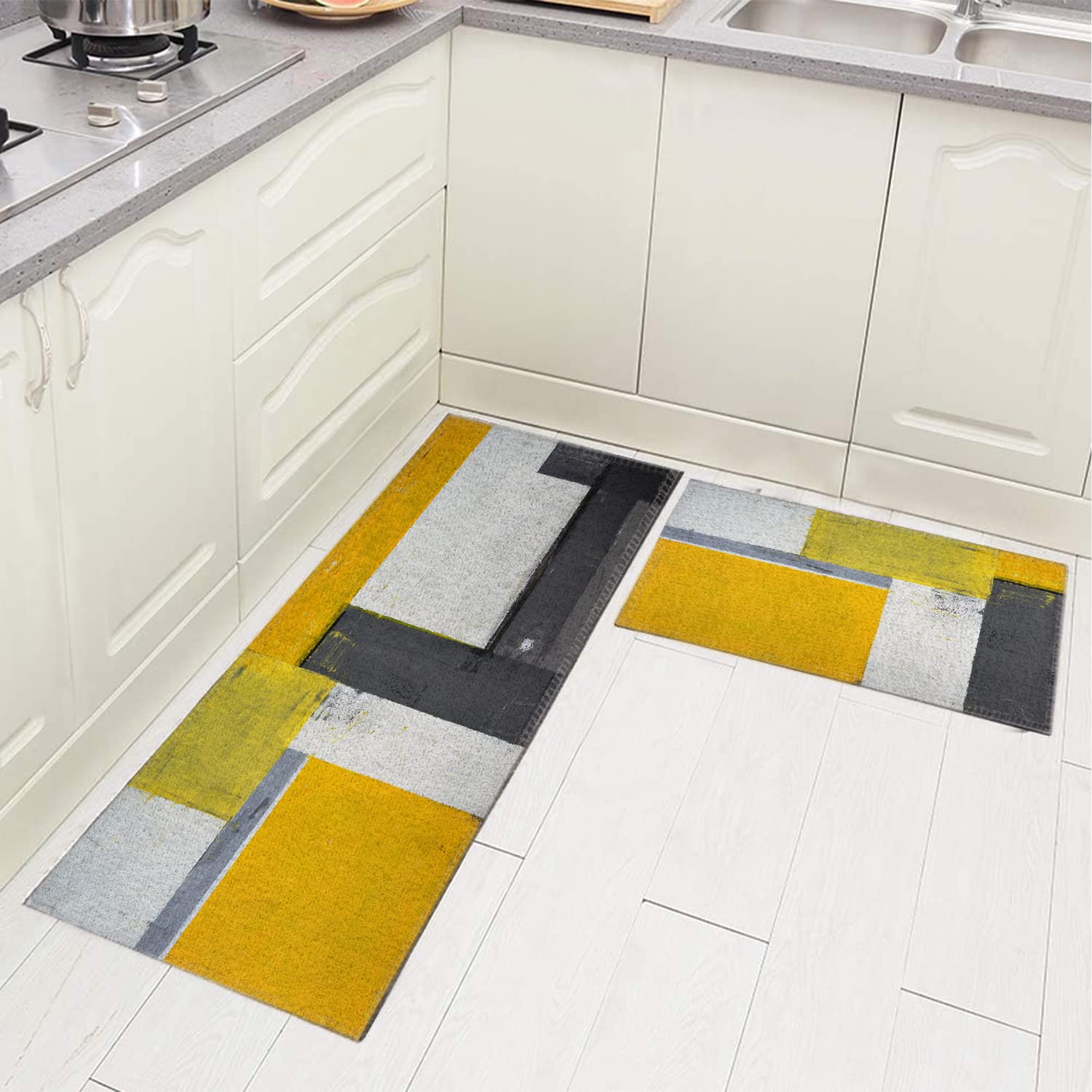 2 Pcs Kitchen Rug Set,Grey and Yellow ,Street Modern Rock Abstract Square Non-Slip Cushioned Anti-Fatigue Kitchen Mats and Rugs Soft Crystal velvet Non-Slip Area Runner Rugs Washable Durable Doormat