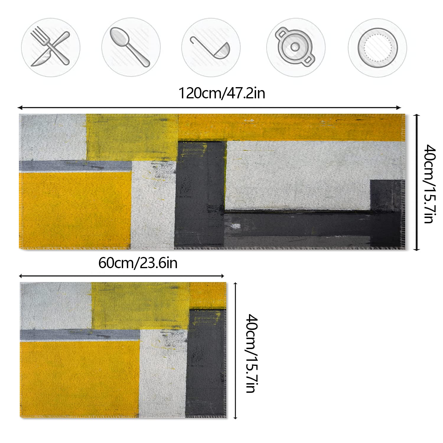 2 Pcs Kitchen Rug Set,Grey and Yellow ,Street Modern Rock Abstract Square Non-Slip Cushioned Anti-Fatigue Kitchen Mats and Rugs Soft Crystal velvet Non-Slip Area Runner Rugs Washable Durable Doormat