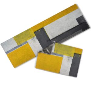 2 Pcs Kitchen Rug Set,Grey and Yellow ,Street Modern Rock Abstract Square Non-Slip Cushioned Anti-Fatigue Kitchen Mats and Rugs Soft Crystal velvet Non-Slip Area Runner Rugs Washable Durable Doormat