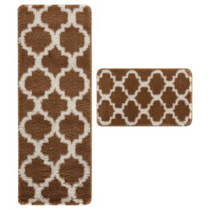 wunderlin soft trellis kitchen runner rugs collection non-slip kitchen washable rugs for kitchen floor set carpet kitchen rugs sets of two (brown)