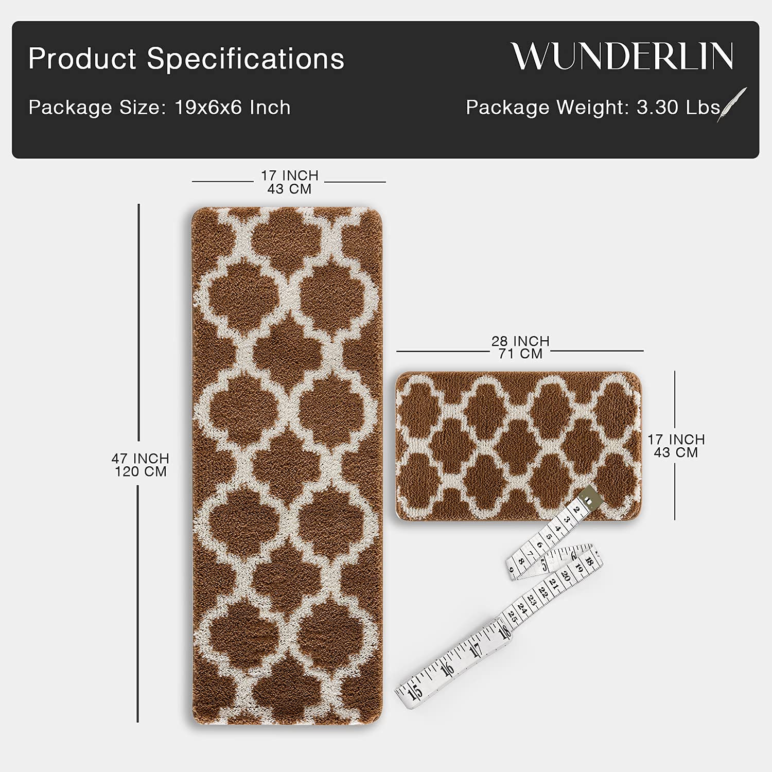 wunderlin Soft Trellis Kitchen Runner Rugs Collection Non-Slip Kitchen Washable Rugs for Kitchen Floor Set Carpet Kitchen Rugs Sets of Two (Brown)