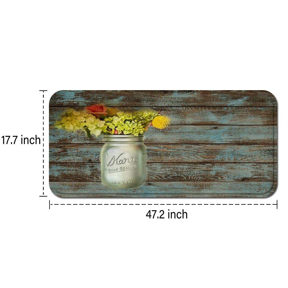 Mason Jar Floral Barn Wood Western Country Anti Fatigue Kitchen Mat Comfort Floor Mats Non-Slip Oil Stain Resistant Easy to Clean Kitchen Rug