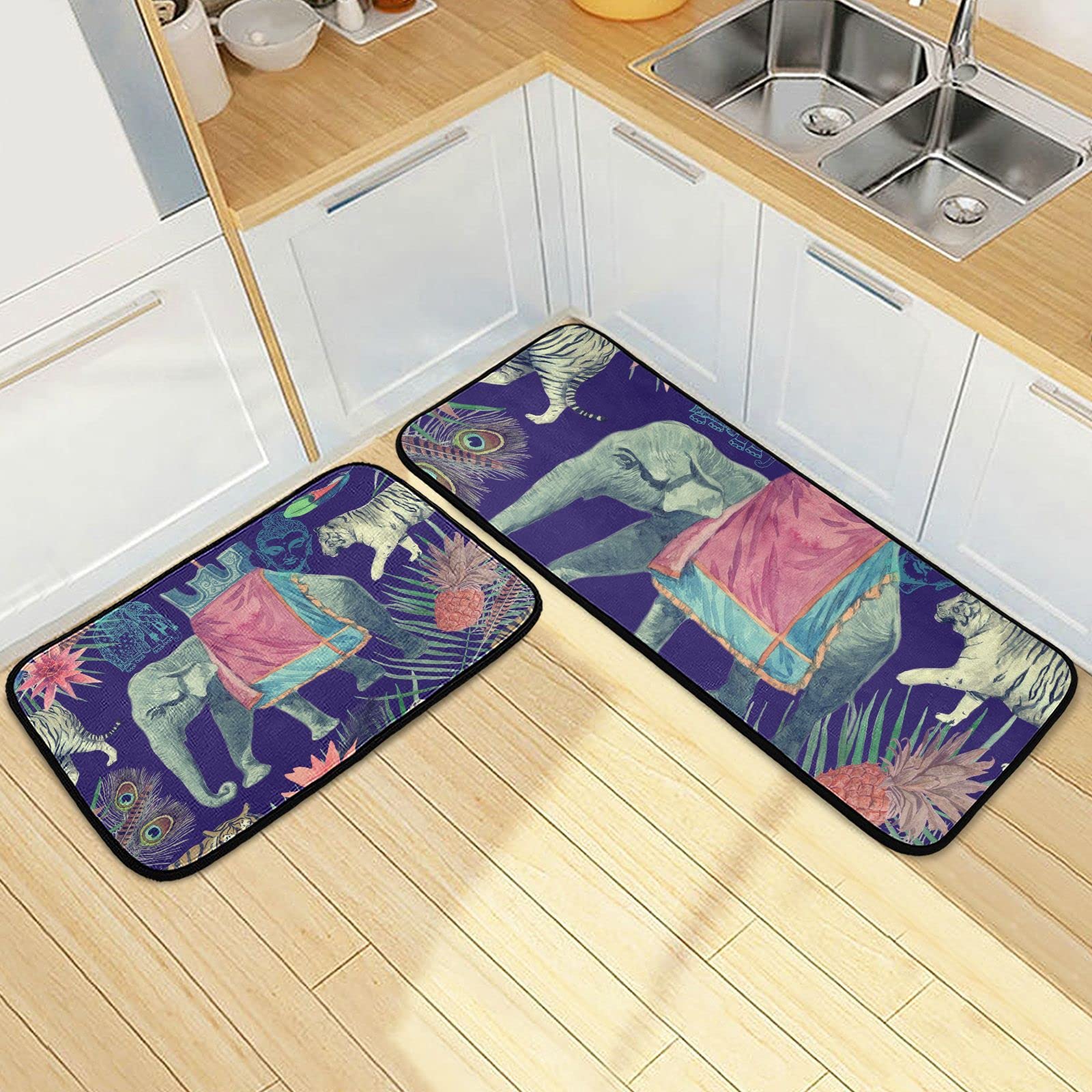 BOENLE Kitchen Rugs and Mats Non Skid Washable Kitchen Rug Set 2 Piece Elephant Tiger Flower Carpet Ergonomic Comfort Standing Mat for Kitchen,Bathroom, Laundry