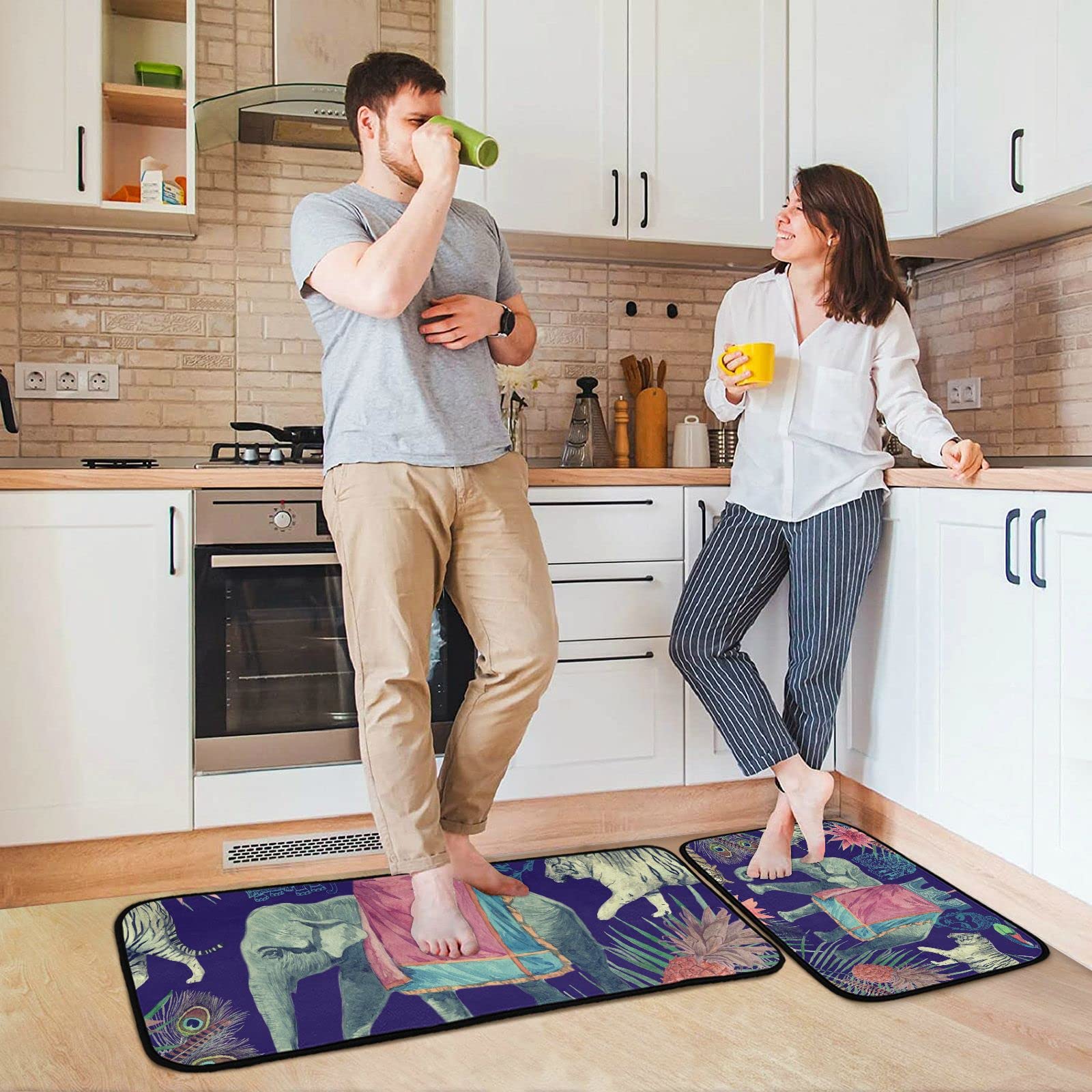 BOENLE Kitchen Rugs and Mats Non Skid Washable Kitchen Rug Set 2 Piece Elephant Tiger Flower Carpet Ergonomic Comfort Standing Mat for Kitchen,Bathroom, Laundry