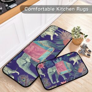 BOENLE Kitchen Rugs and Mats Non Skid Washable Kitchen Rug Set 2 Piece Elephant Tiger Flower Carpet Ergonomic Comfort Standing Mat for Kitchen,Bathroom, Laundry