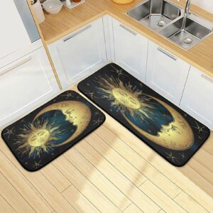 alaza sun moon star antique 2 piece kitchen rug floor mat set runner rugs non-slip for kitchen laundry office 20" x 28" + 20" x 48"