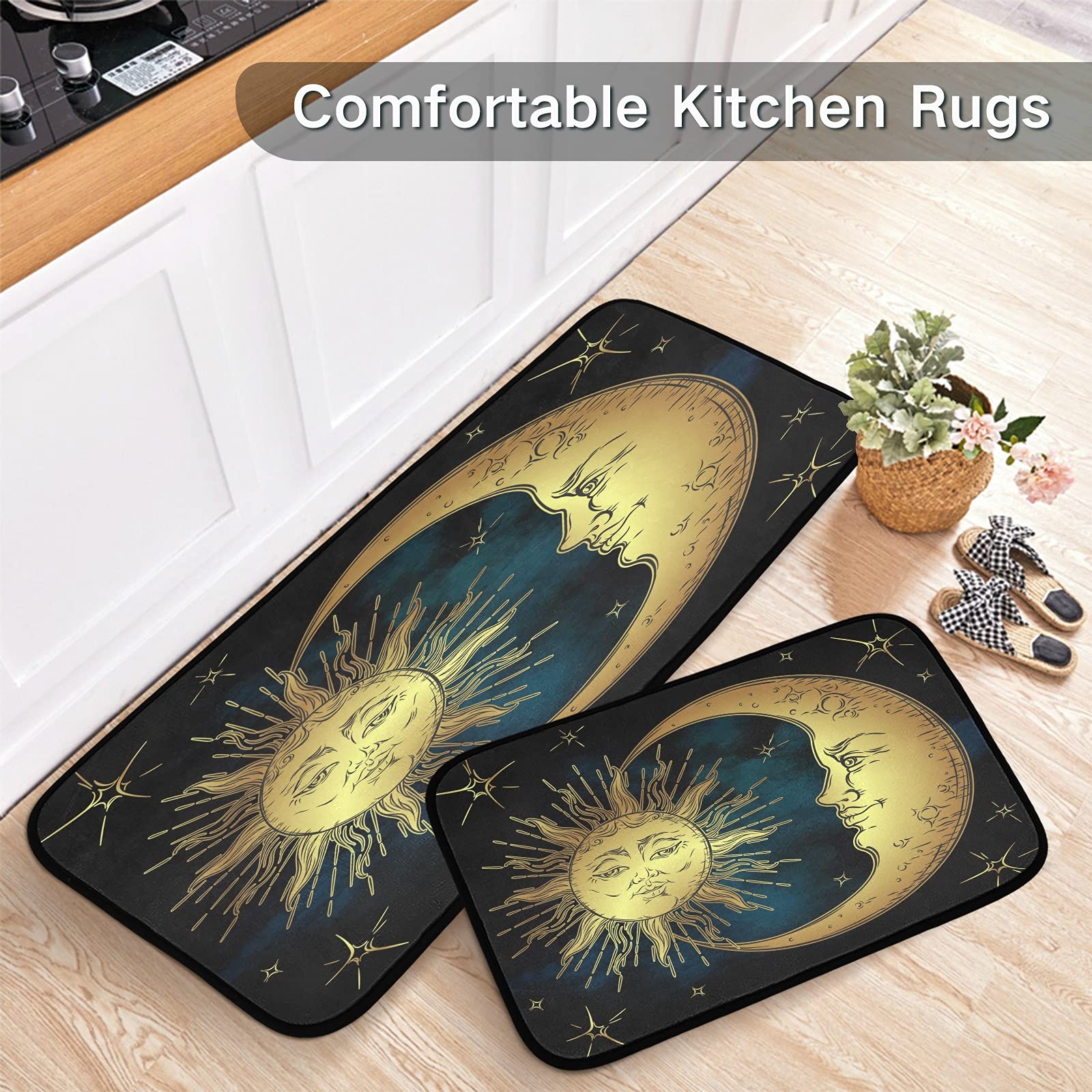 ALAZA Sun Moon Star Antique 2 Piece Kitchen Rug Floor Mat Set Runner Rugs Non-Slip for Kitchen Laundry Office 20" x 28" + 20" x 48"