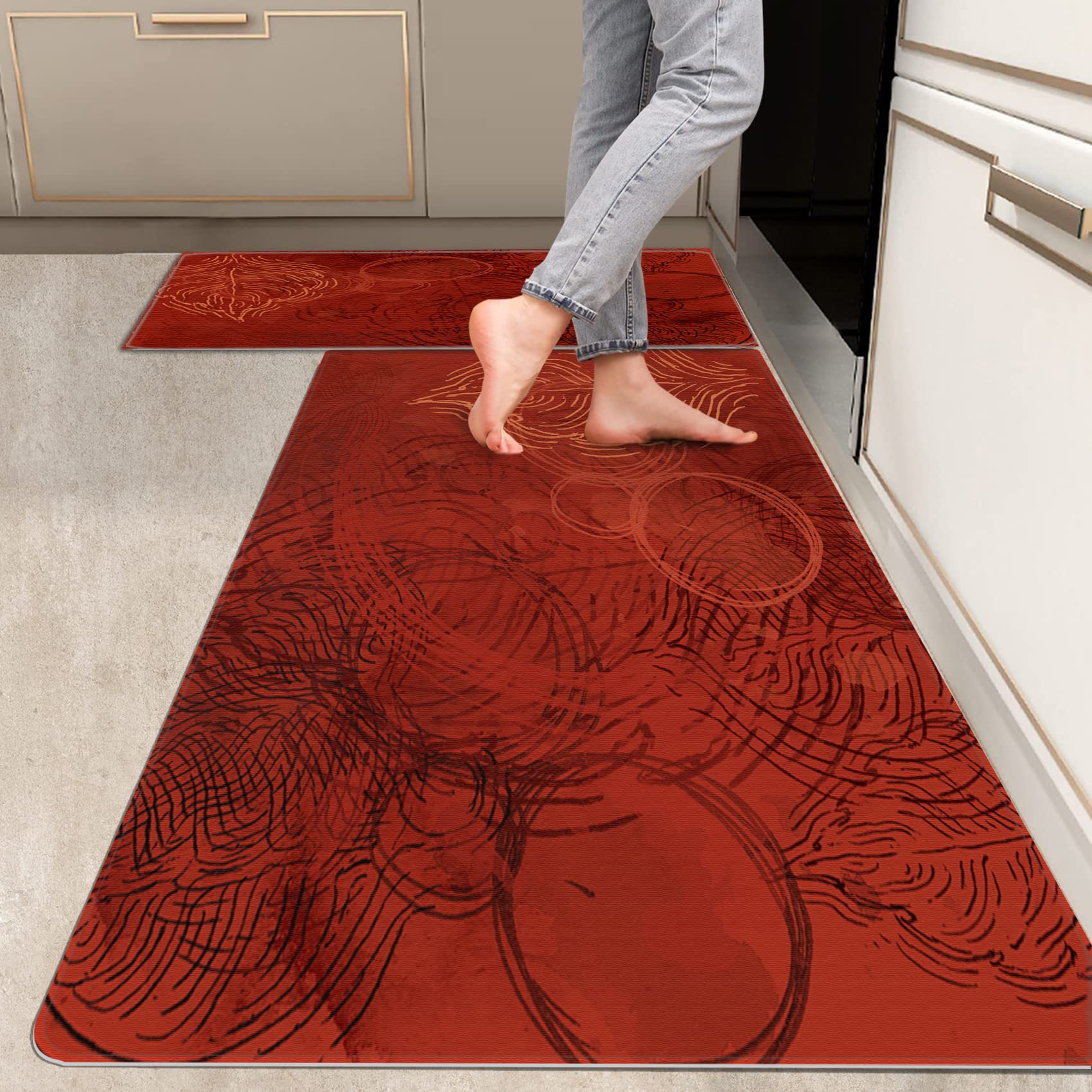 RYANZA 2 Pieces Kitchen Rugs, Abstract Anti Fatigue Non Slip Foam Cushioned Red Lines Art Modern Graffiti Comfort Indoor Floor Mat Runner Rug Set for Laundry Office Sink Bathroom (17"x48"+17"x24")