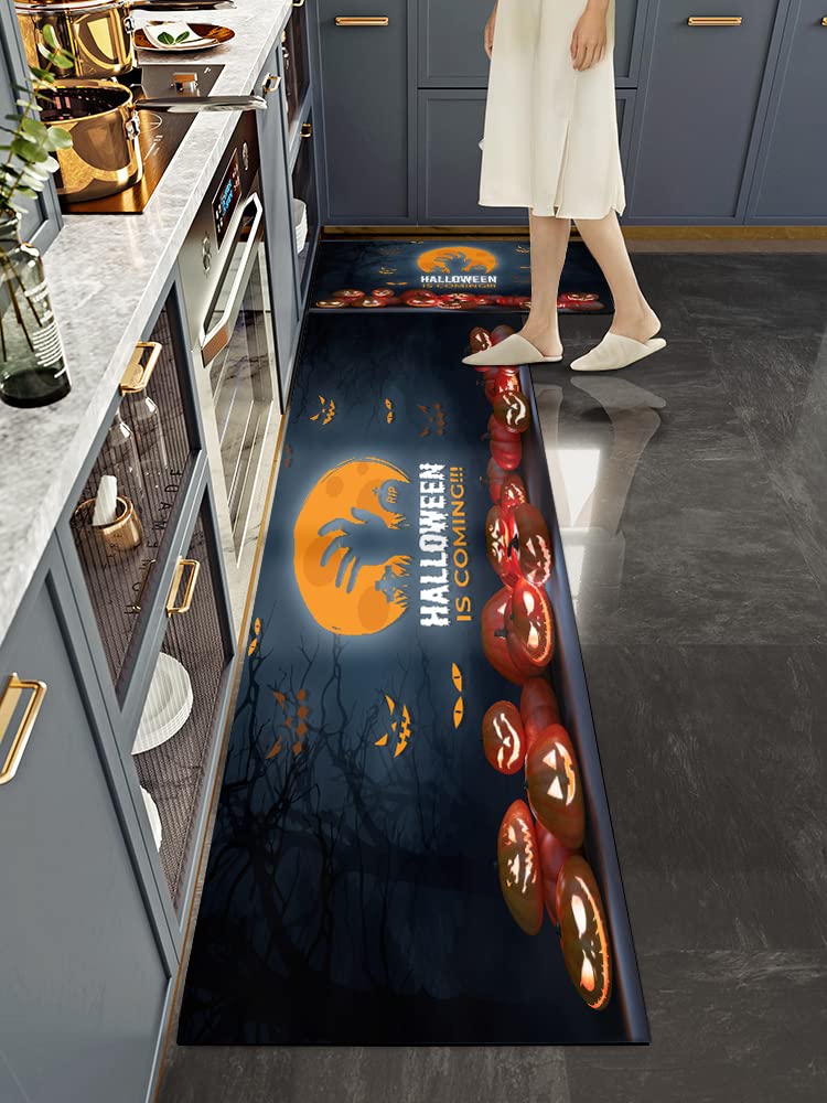 ROTORS Halloween Kitchen Rugs Set of 2 Pieces,Pumpkin Scarecrow Non Slip Kitchen Mat Halloween Fall Home Decoration, Comfort AntiFatigue Kitchen Floor Mat