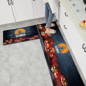 ROTORS Halloween Kitchen Rugs Set of 2 Pieces,Pumpkin Scarecrow Non Slip Kitchen Mat Halloween Fall Home Decoration, Comfort AntiFatigue Kitchen Floor Mat