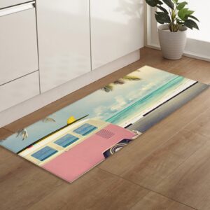 Kitchen Runner Rug, Beach Pink Mini Bus Coconut Tree Summer Sea Scenery Non Slip Runner Carpet Door Mats Floor Mat for Laundry Bedside Bathroom Bedroom 19.7"X63"