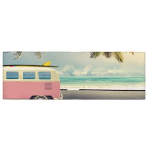 Kitchen Runner Rug, Beach Pink Mini Bus Coconut Tree Summer Sea Scenery Non Slip Runner Carpet Door Mats Floor Mat for Laundry Bedside Bathroom Bedroom 19.7"X63"