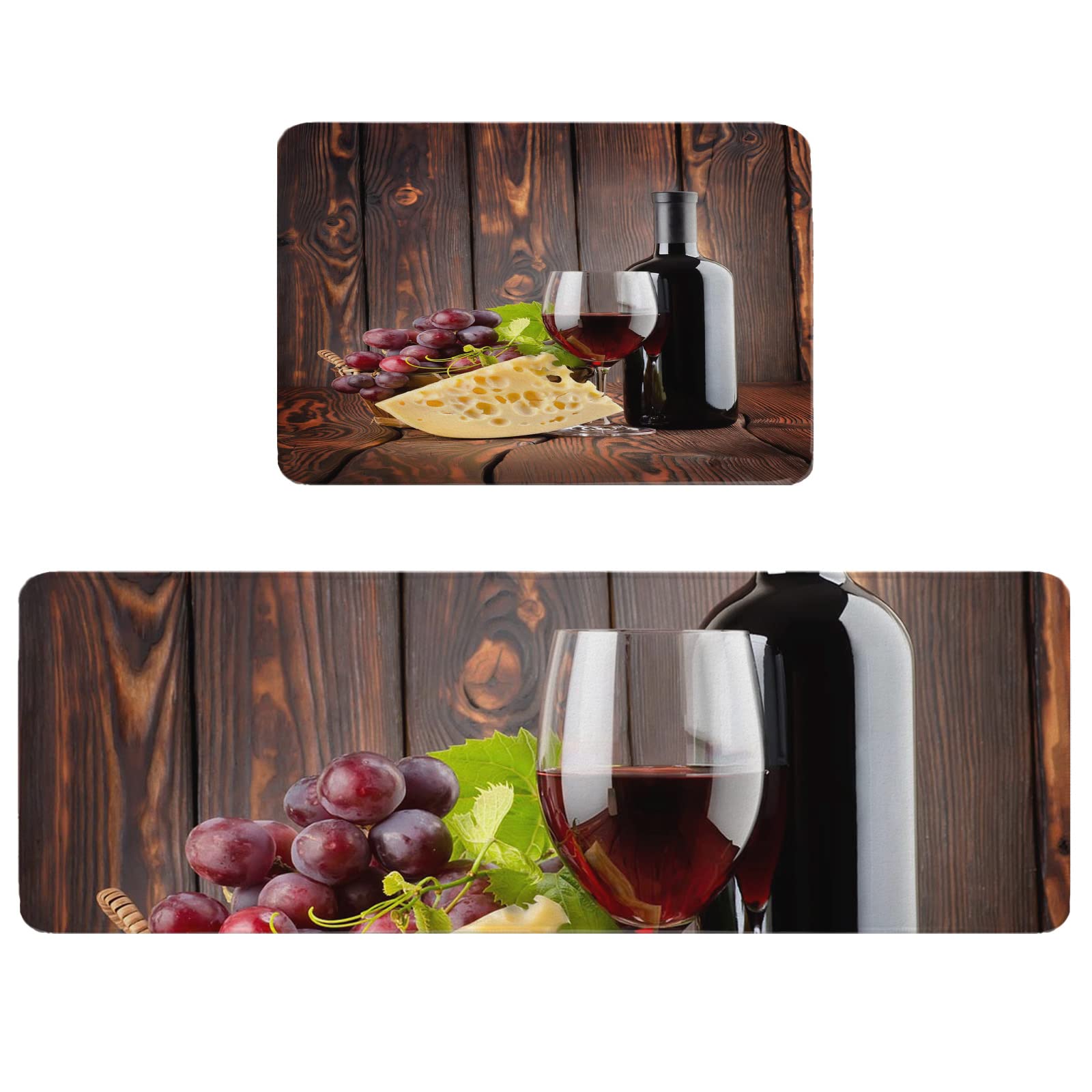 Wine Kitchen Mats and Rugs Set of 2, Washable Absorbent Kitchen Runner Rug Carpet Rustic Wood Anti-Fatigue Comfort Mat for Kitchen Bathroom Laundry Wine Kitchen Decor Accessories