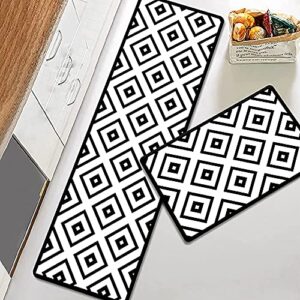 DISAKJ Kitchen Rugs and Mats Non Skid Washable Non-Slip, White and Black Area Kitchen Floor Mats Rug , Backing Mat for Doorway Mats Runner Rug Set, Geometric Design (20 x 63+20 x 31inch)