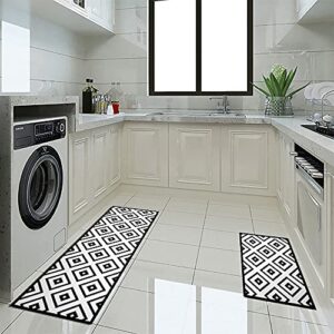 DISAKJ Kitchen Rugs and Mats Non Skid Washable Non-Slip, White and Black Area Kitchen Floor Mats Rug , Backing Mat for Doorway Mats Runner Rug Set, Geometric Design (20 x 63+20 x 31inch)