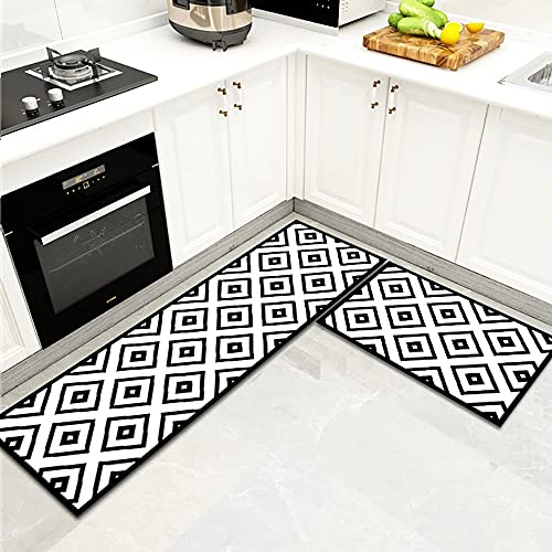 DISAKJ Kitchen Rugs and Mats Non Skid Washable Non-Slip, White and Black Area Kitchen Floor Mats Rug , Backing Mat for Doorway Mats Runner Rug Set, Geometric Design (20 x 63+20 x 31inch)