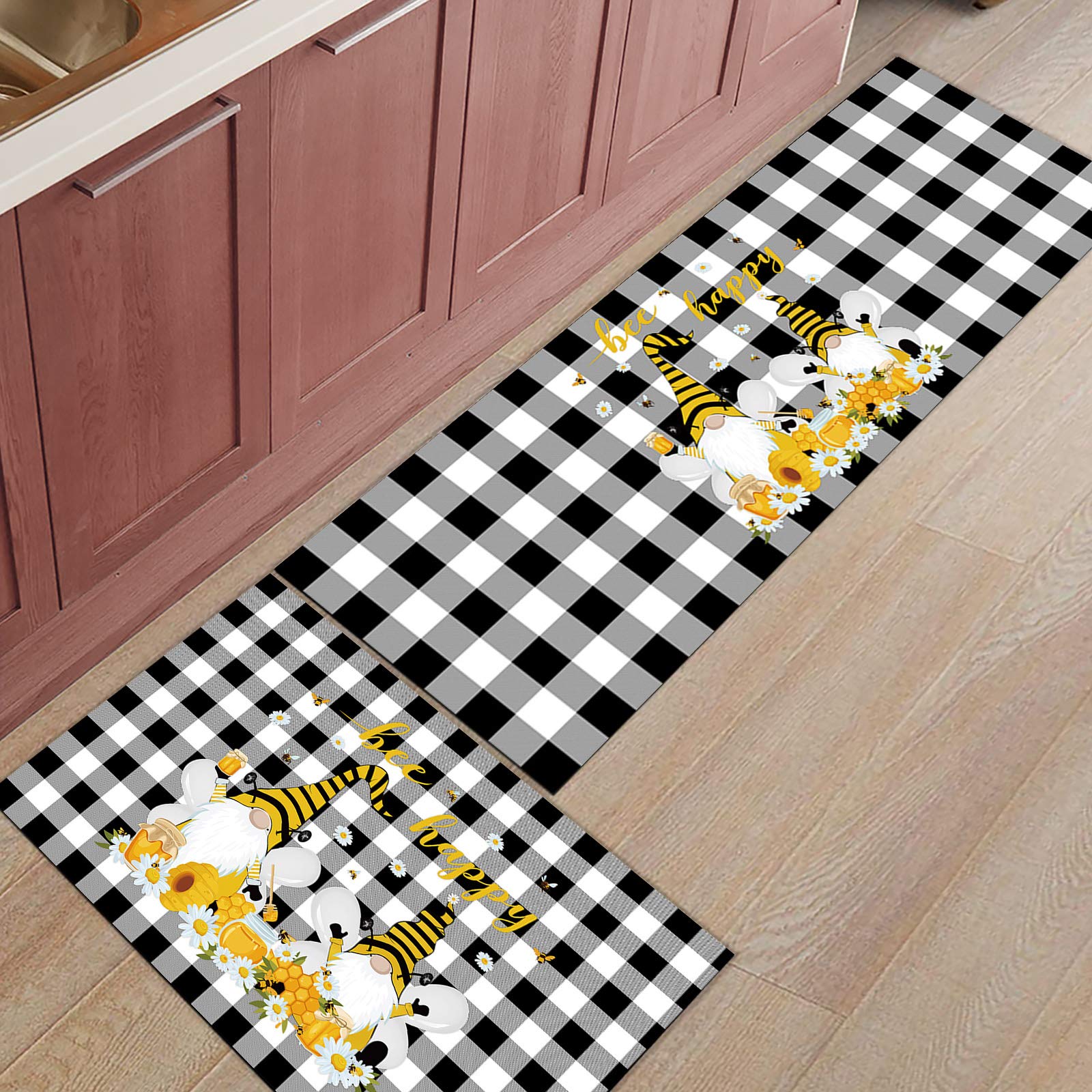 2 Pieces Kitchen Rug Set Non-Slip Backing Mat Throw Rugs Doormats Summer Daisy Farm Bee Gnome Absorbent Area Runner Carpet for Bathroom Black and White Grid