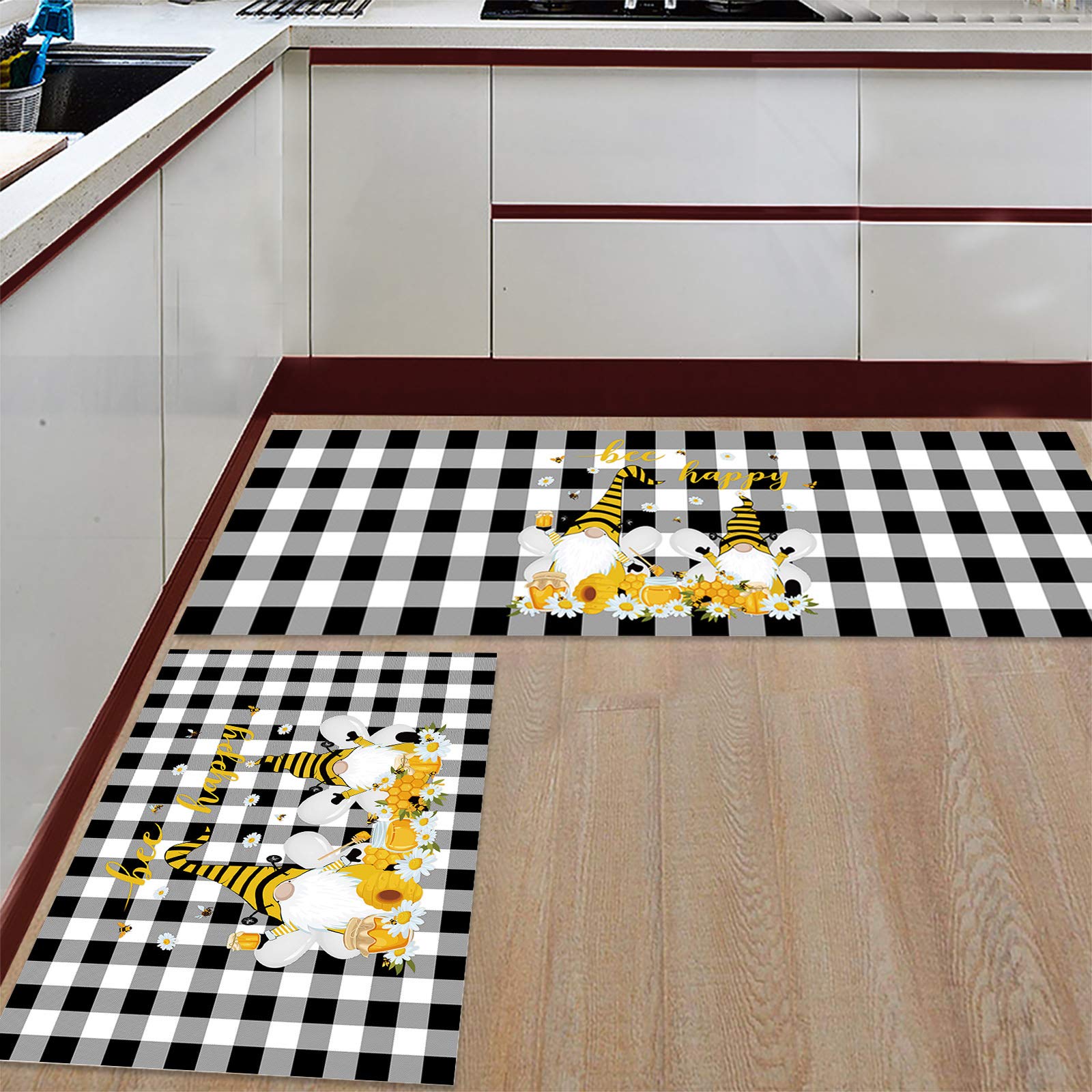 2 Pieces Kitchen Rug Set Non-Slip Backing Mat Throw Rugs Doormats Summer Daisy Farm Bee Gnome Absorbent Area Runner Carpet for Bathroom Black and White Grid