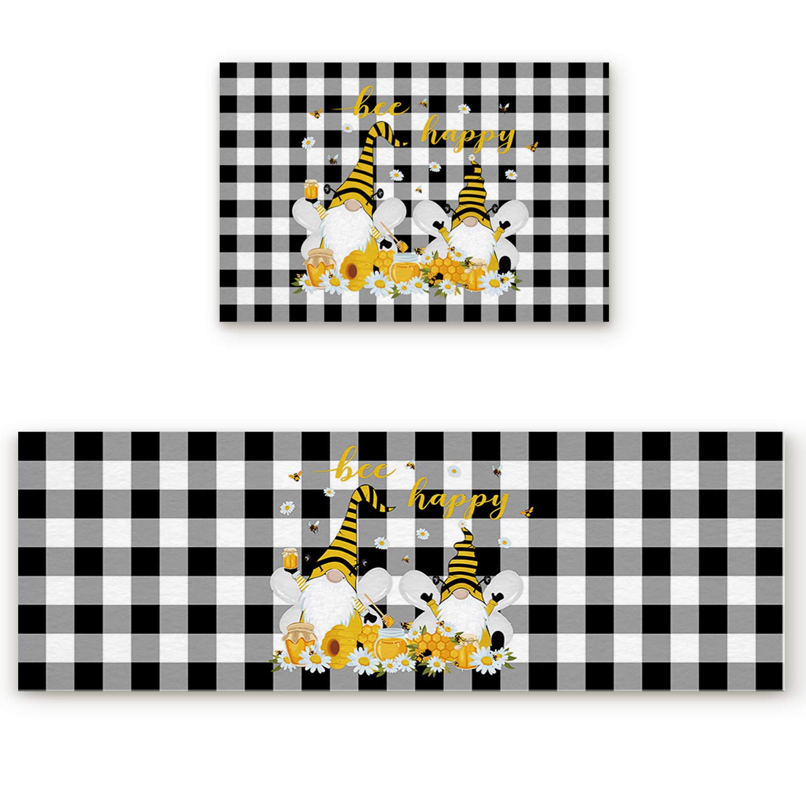 2 Pieces Kitchen Rug Set Non-Slip Backing Mat Throw Rugs Doormats Summer Daisy Farm Bee Gnome Absorbent Area Runner Carpet for Bathroom Black and White Grid