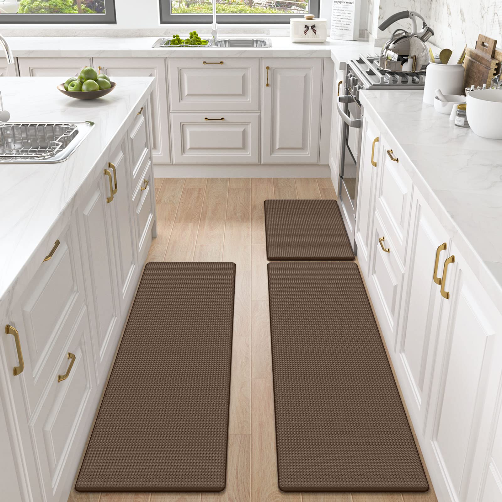 DEXI Kitchen Rugs and Mats Cushioned Anti Fatigue Comfort Runner Mats for Floor Rugs Waterproof Standing Rugs Set of 3,17"x29"+17"x59"+17"x59" Brown