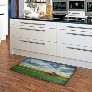 Kitchen Rugs Mats Non Skid 39 X 20inch Throw Rugs for Kitchen Floor Sink Standing Carpets Entryway Rugs (Red Tractor with Clouds)