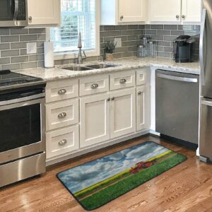 Kitchen Rugs Mats Non Skid 39 X 20inch Throw Rugs for Kitchen Floor Sink Standing Carpets Entryway Rugs (Red Tractor with Clouds)